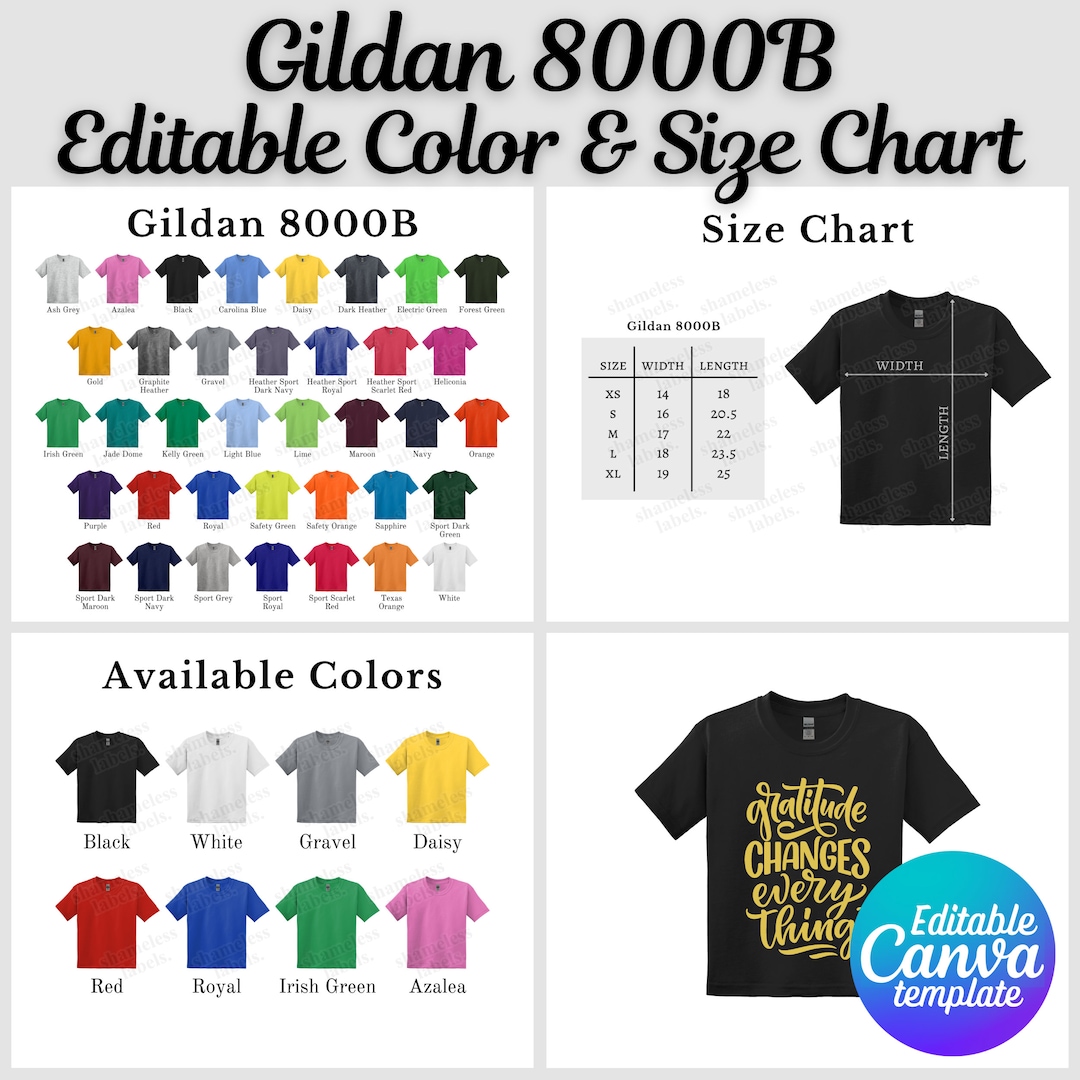 Gildan 8000B Color Chart & Size Chart, Editable Canva Template, G800B ...