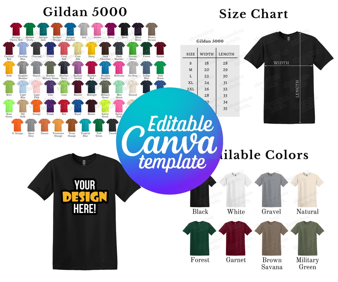 Editable Gildan 5000 Color Chart & Size Chart, Canva Template, G500 ... Editable Gildan 5000 Color Chart & Size Chart, Canva Template, G500 ...