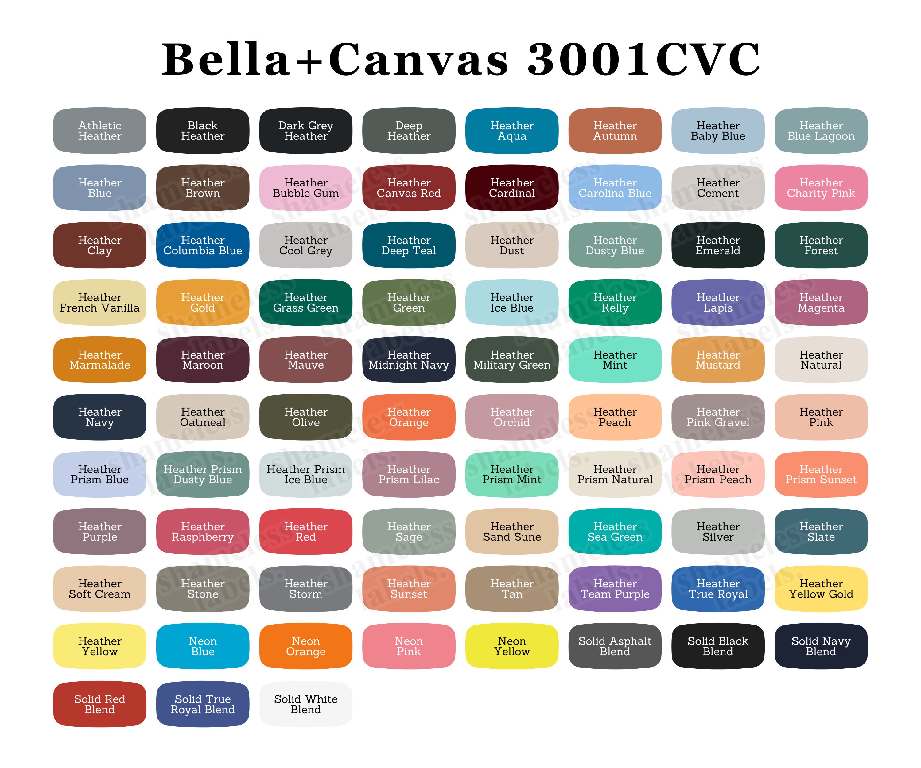 Editable Bella Canvas 3001 Color Chart, All 169 Colors With CVC Heather ...