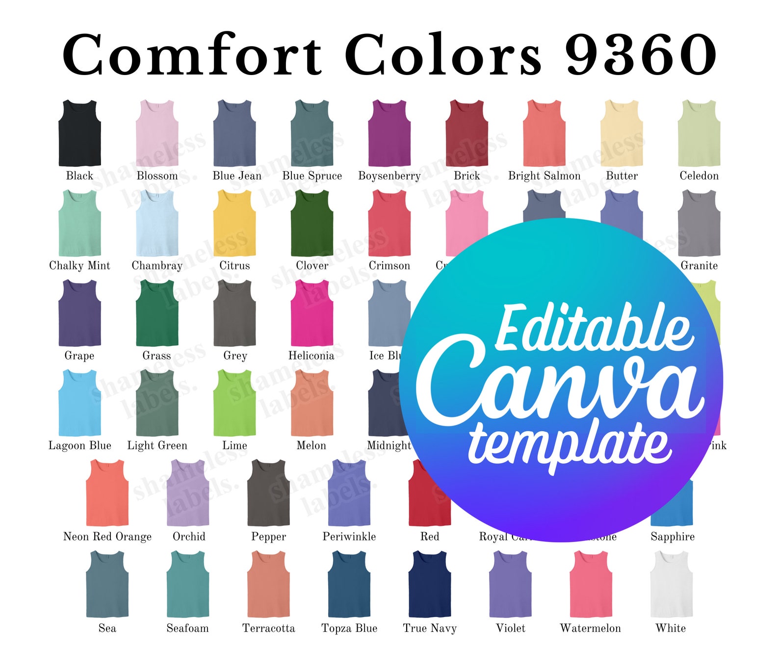 Editable Comfort Colors 9360 Color Chart & Size Chart, Canva Template ...