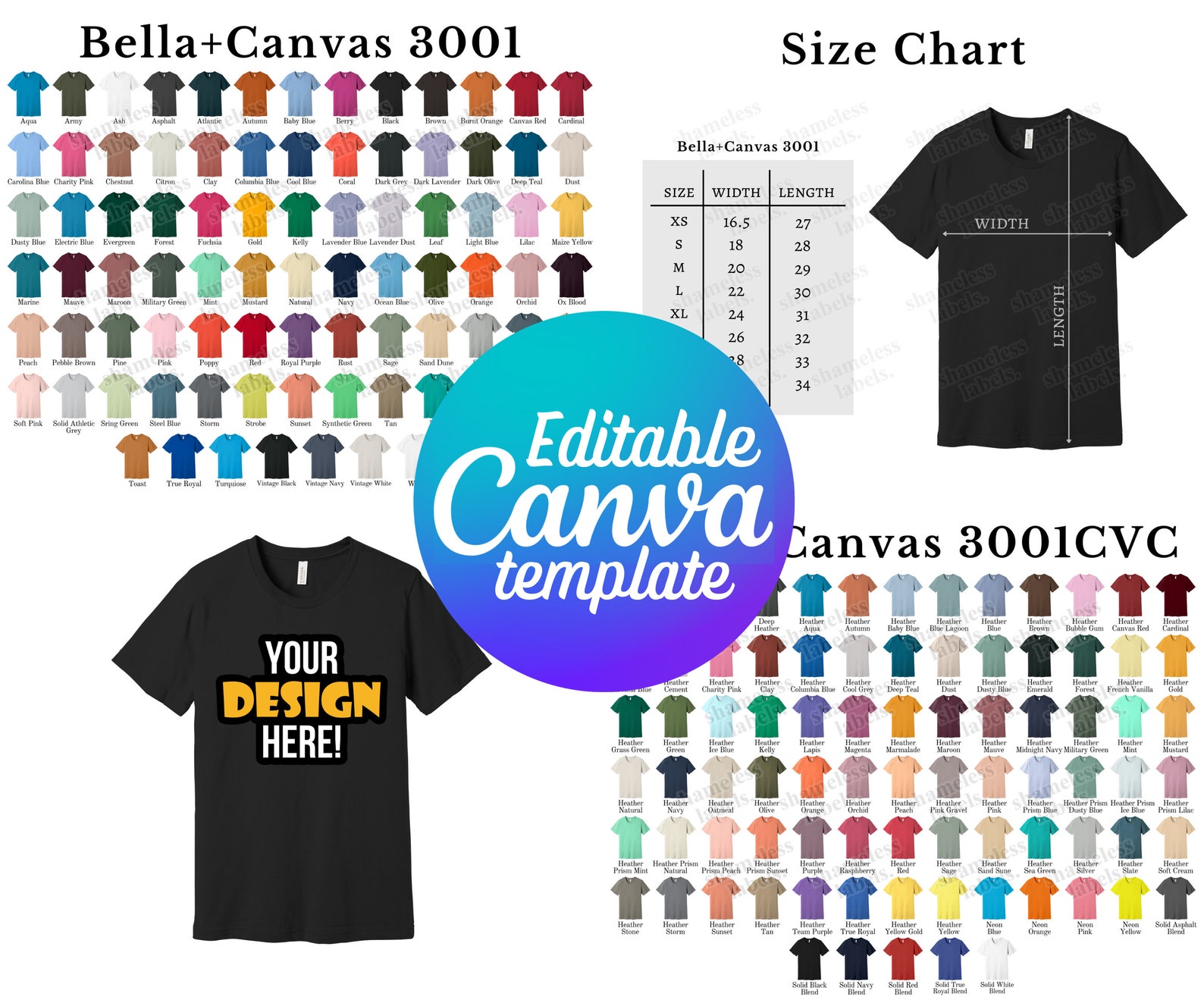Editable Bella Canvas 3001 Color Chart & Size Chart, Includes CVC ...