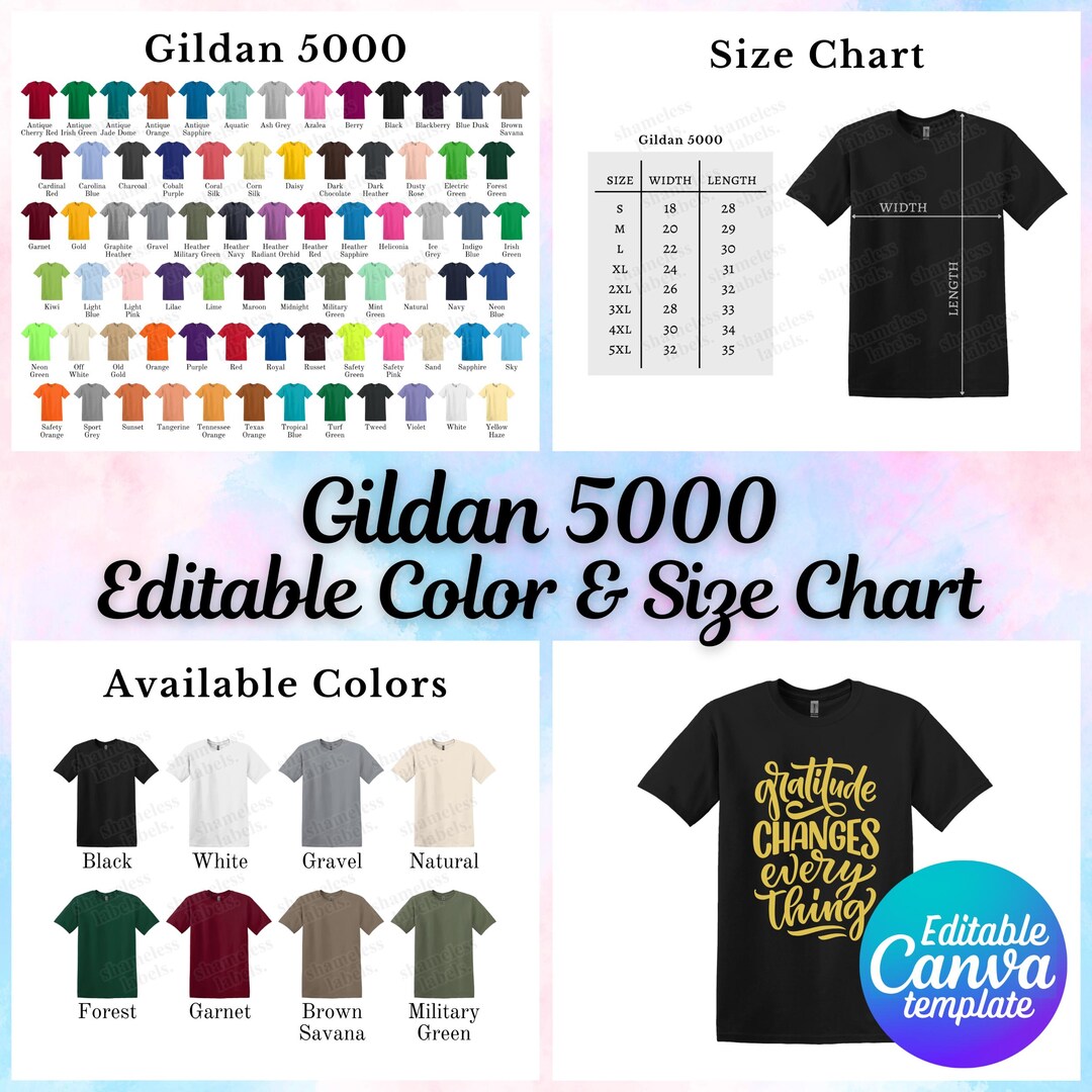 Gildan 5000 Size Chart & Color Chart, Editable Canva Template, G500 ...