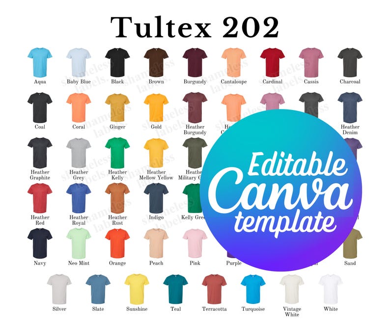 Tultex 202 Color Chart & Size Chart, Editable Canva Template, Tultex ...