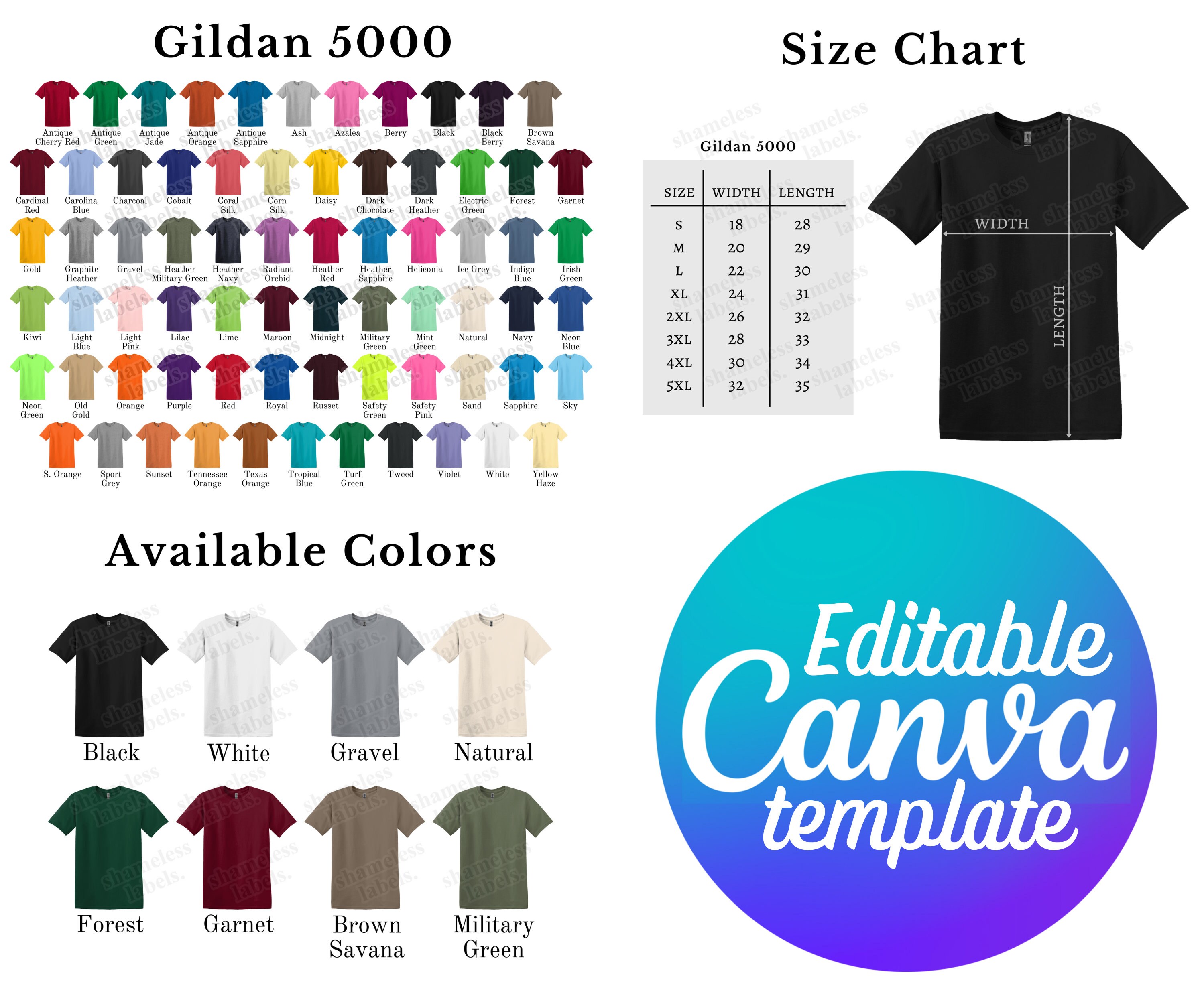 Editable Gildan 5000 Color Chart & Size Chart Canva Template - Etsy Canada