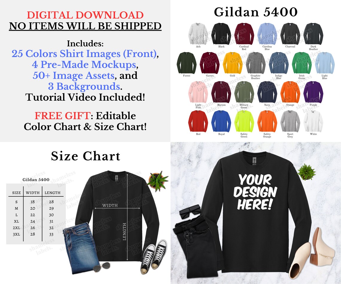 Editable Gildan 5400 Mockup, Canva Template, G5400 Long Sleeve T-shirt ...
