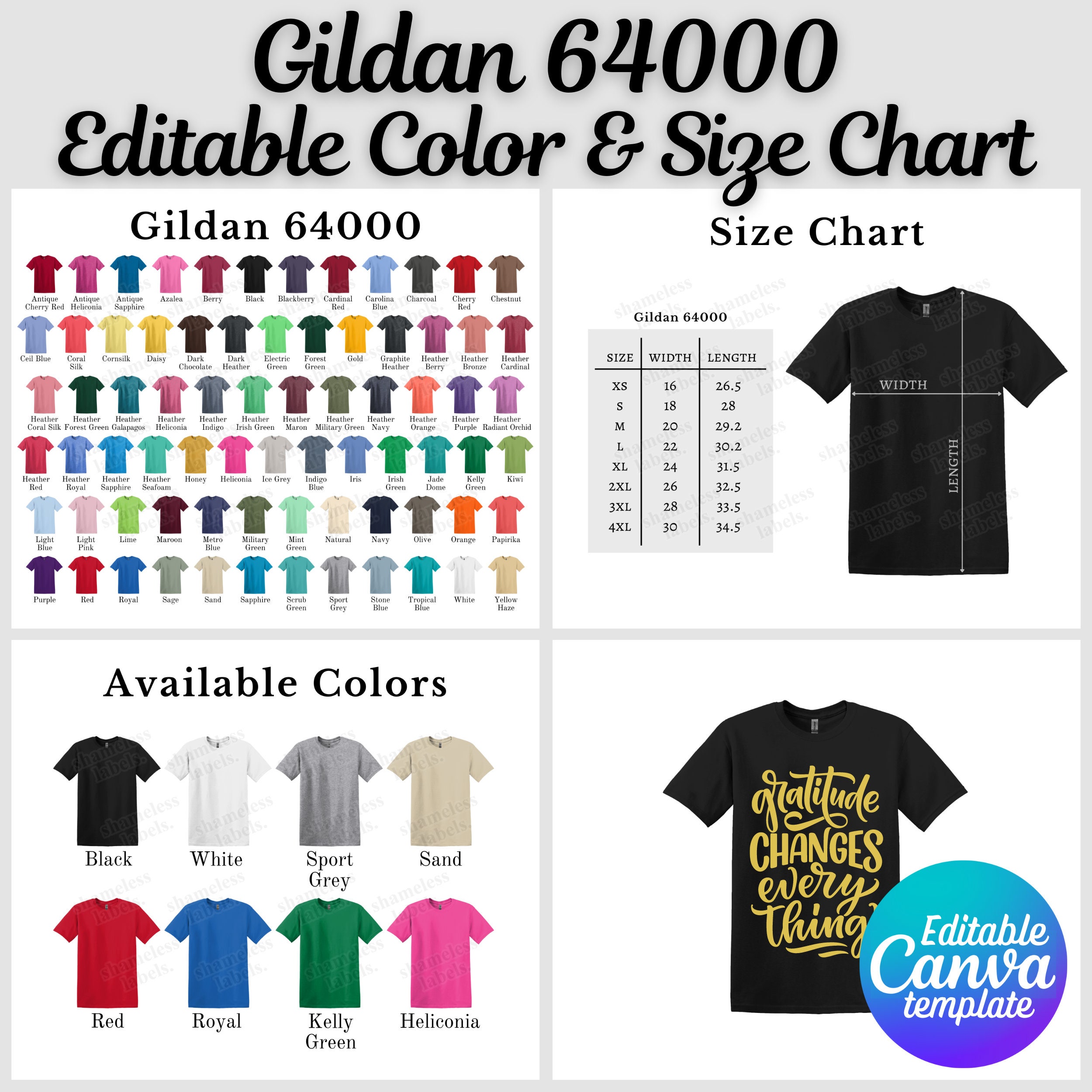 Gildan 64000 Color Chart & Size Chart, Editable Canva Template, G640 ...