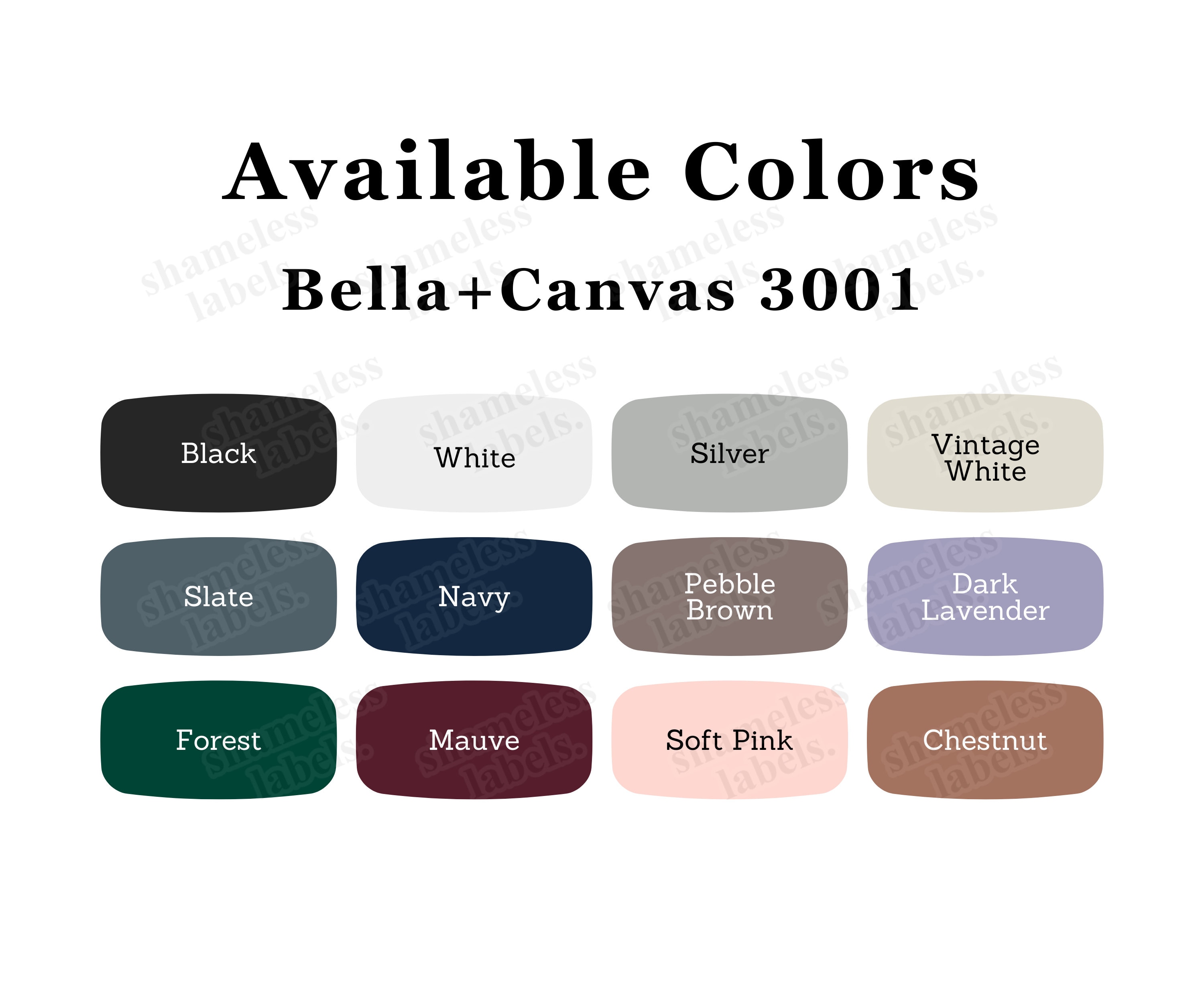 Editable Bella Canvas 3001 Color Chart, All 169 Colors With CVC Heather ...