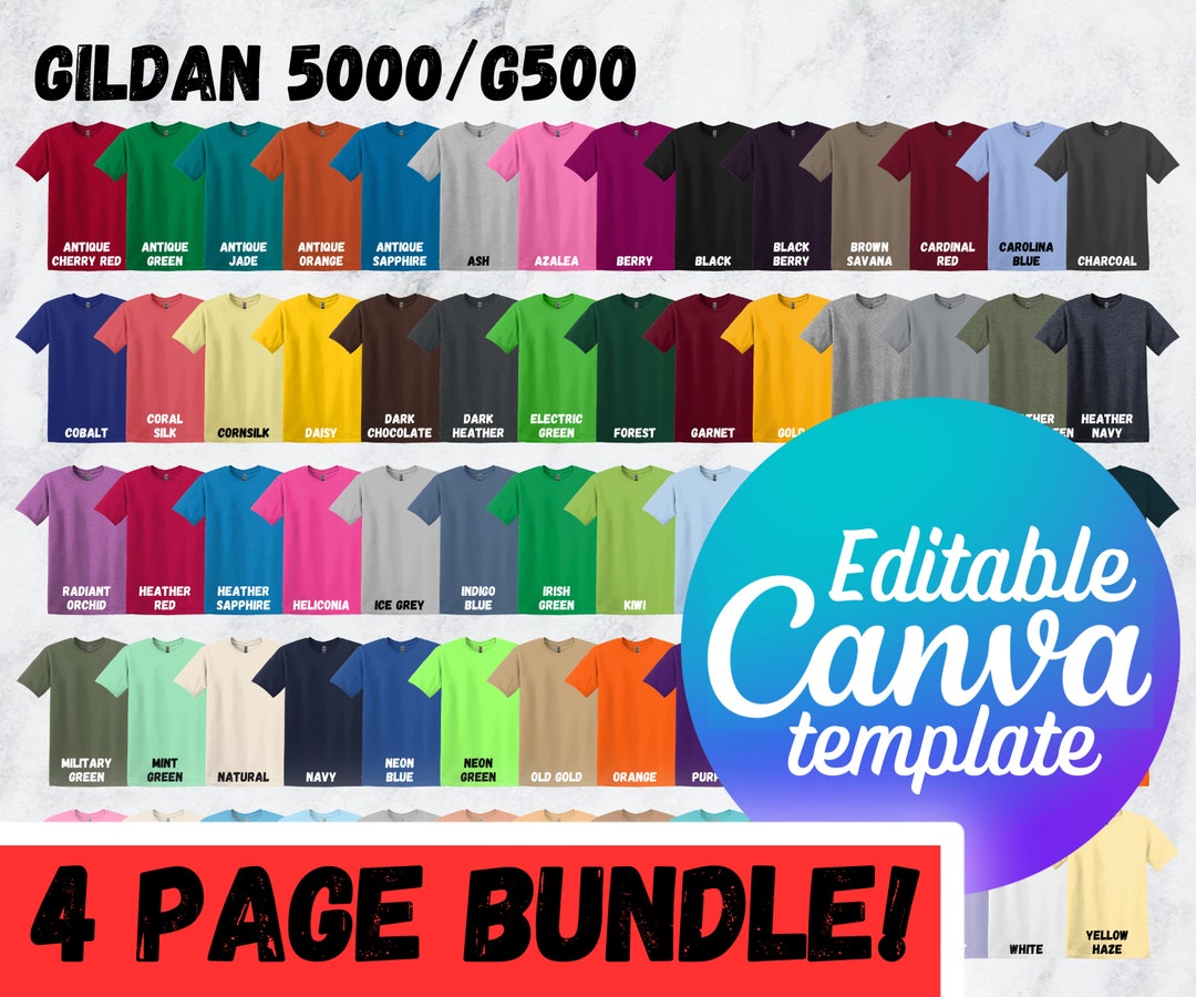 Editable Gildan 5000 Color Chart & Size Chart, Canva Template, G500 ...