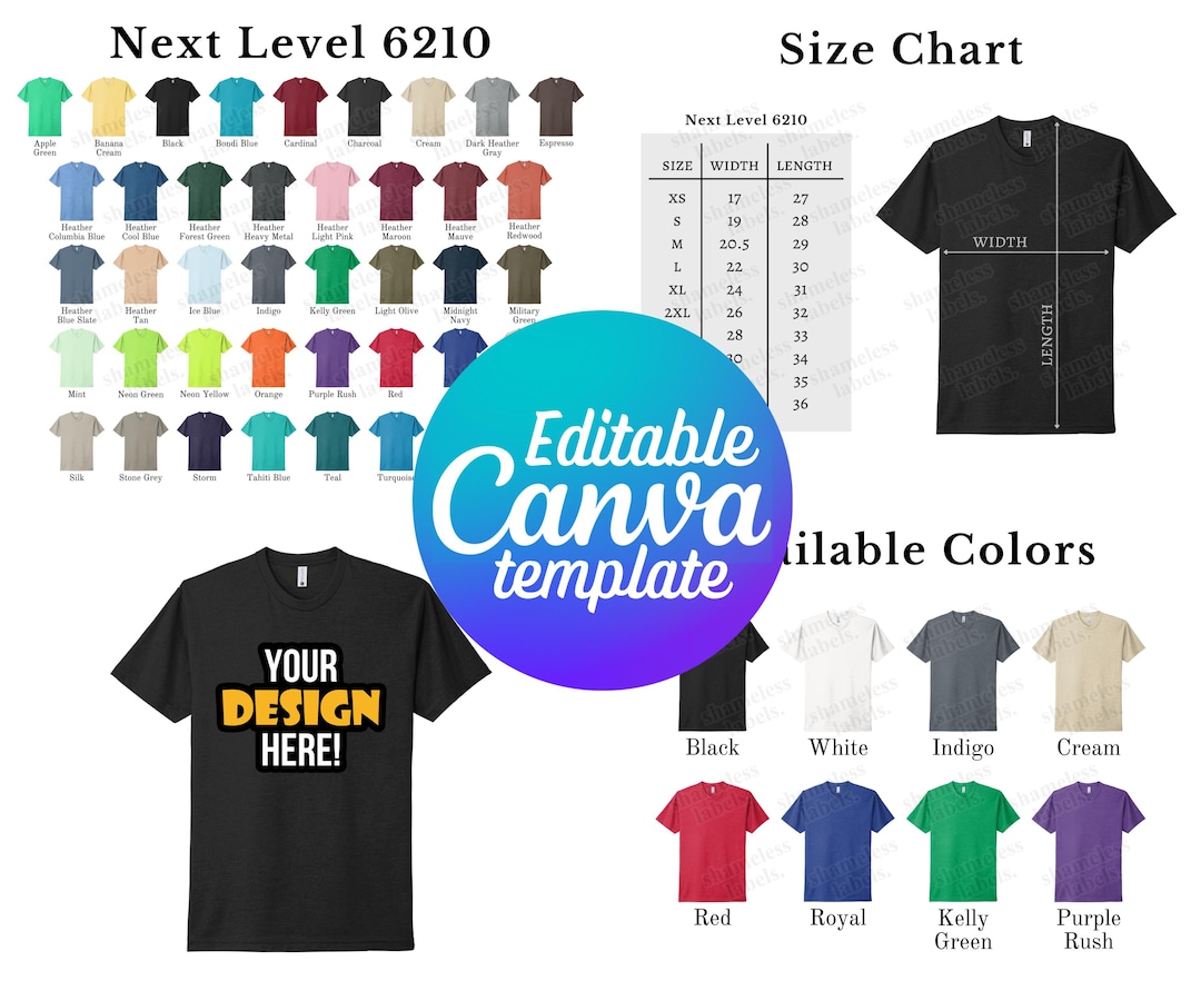 Editable Next Level 6210 Color Chart & Size Chart, Canva Template ...