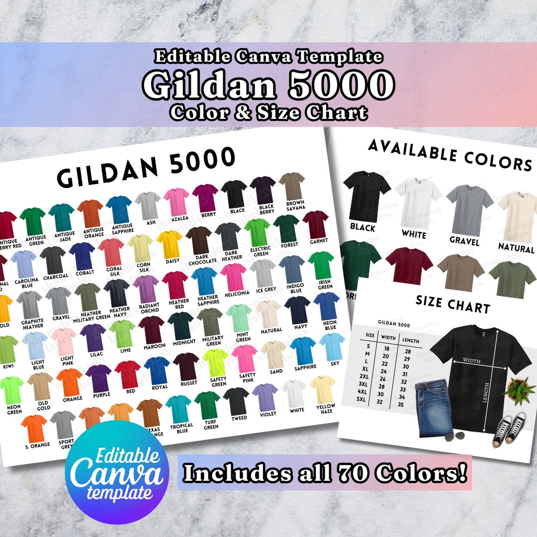 Editable Gildan 5000 Color Chart, Canva Template, G500 Color Chart, 5000 Size Chart - Etsy