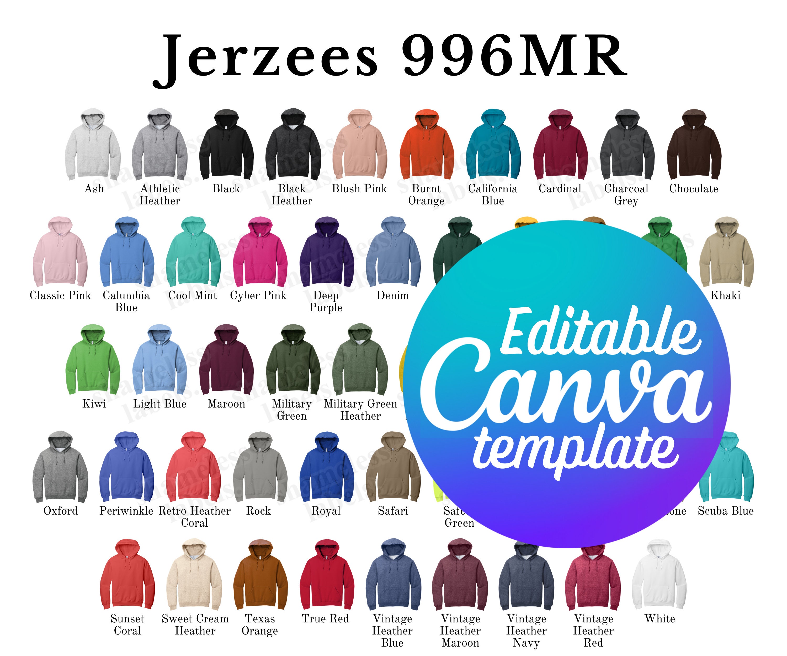Editable Jerzees 996MR Color Chart & Size Chart, Canva Template, 996MR ...