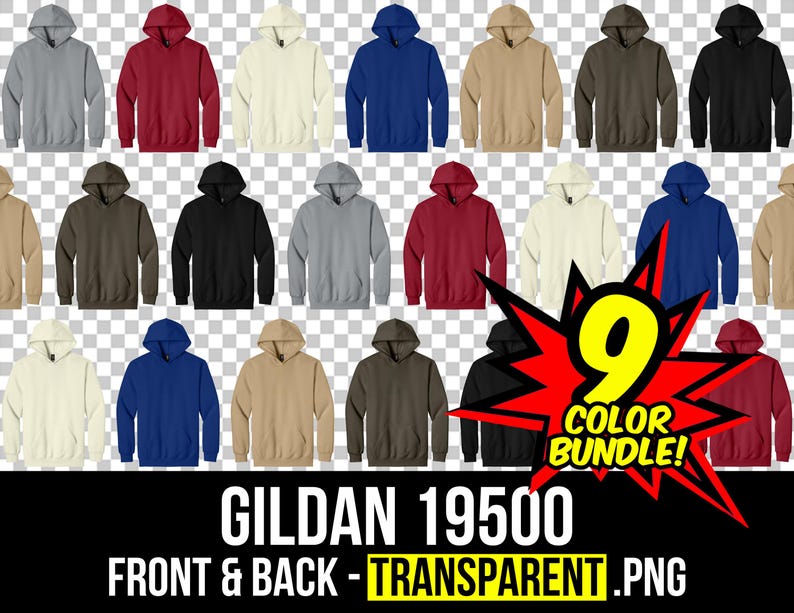 Gildan 19500 Front and Back Mockup Bundle, Hoodie Mockup PNG, G195 ...