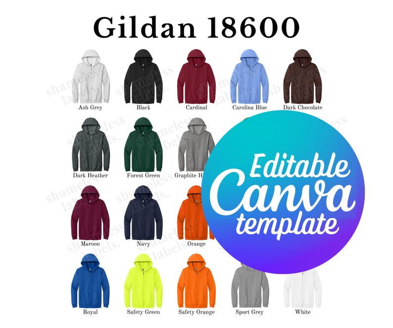 Editable Gildan 18600 Color Chart & Size Chart, Canva Template, G186 ...