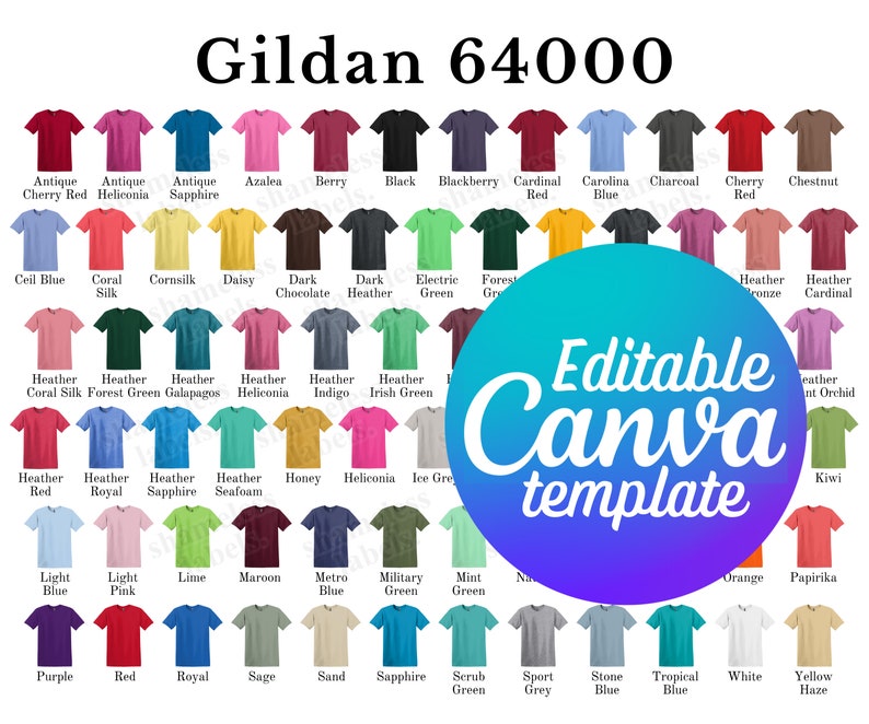 Editable Gildan 64000 Color Chart & Size Chart, Canva Template, G64000 ...
