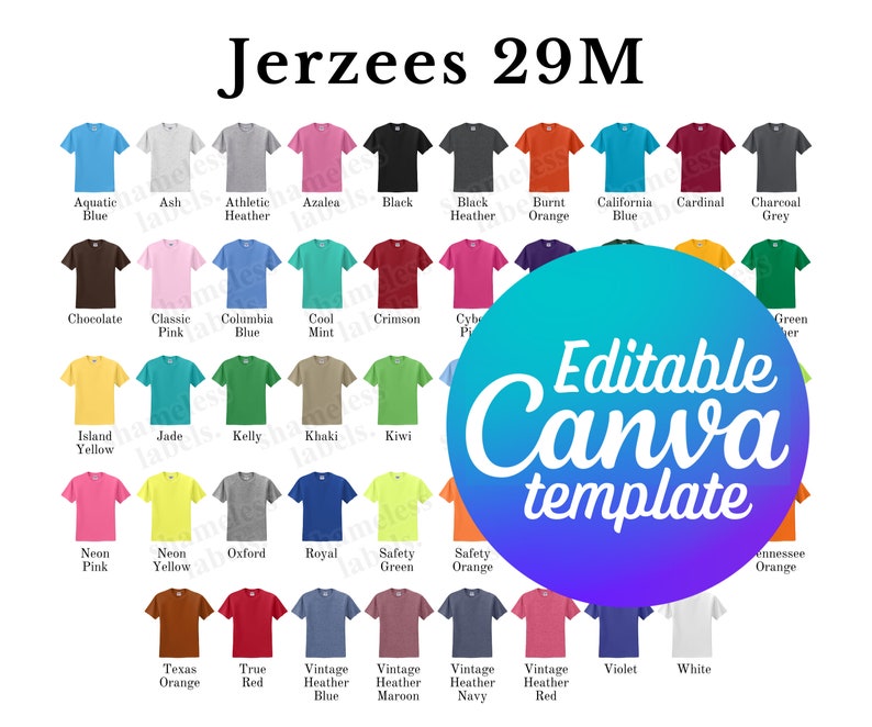 Editable Jerzees 29M Color Chart & Size Chart, Canva Template, 29M ...