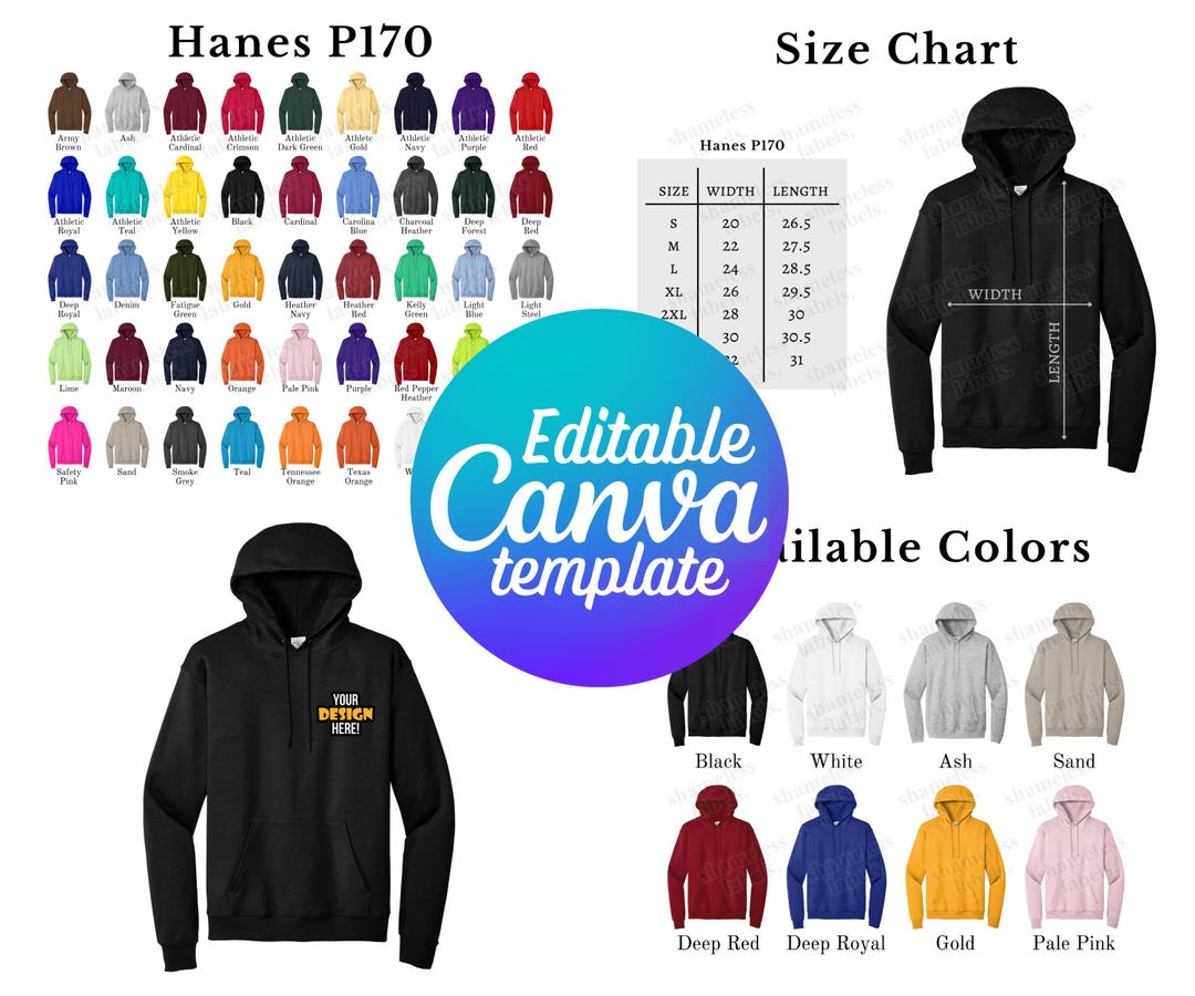 Editable Hanes P170 Color Chart & Size Chart, Canva Template, P170 ...