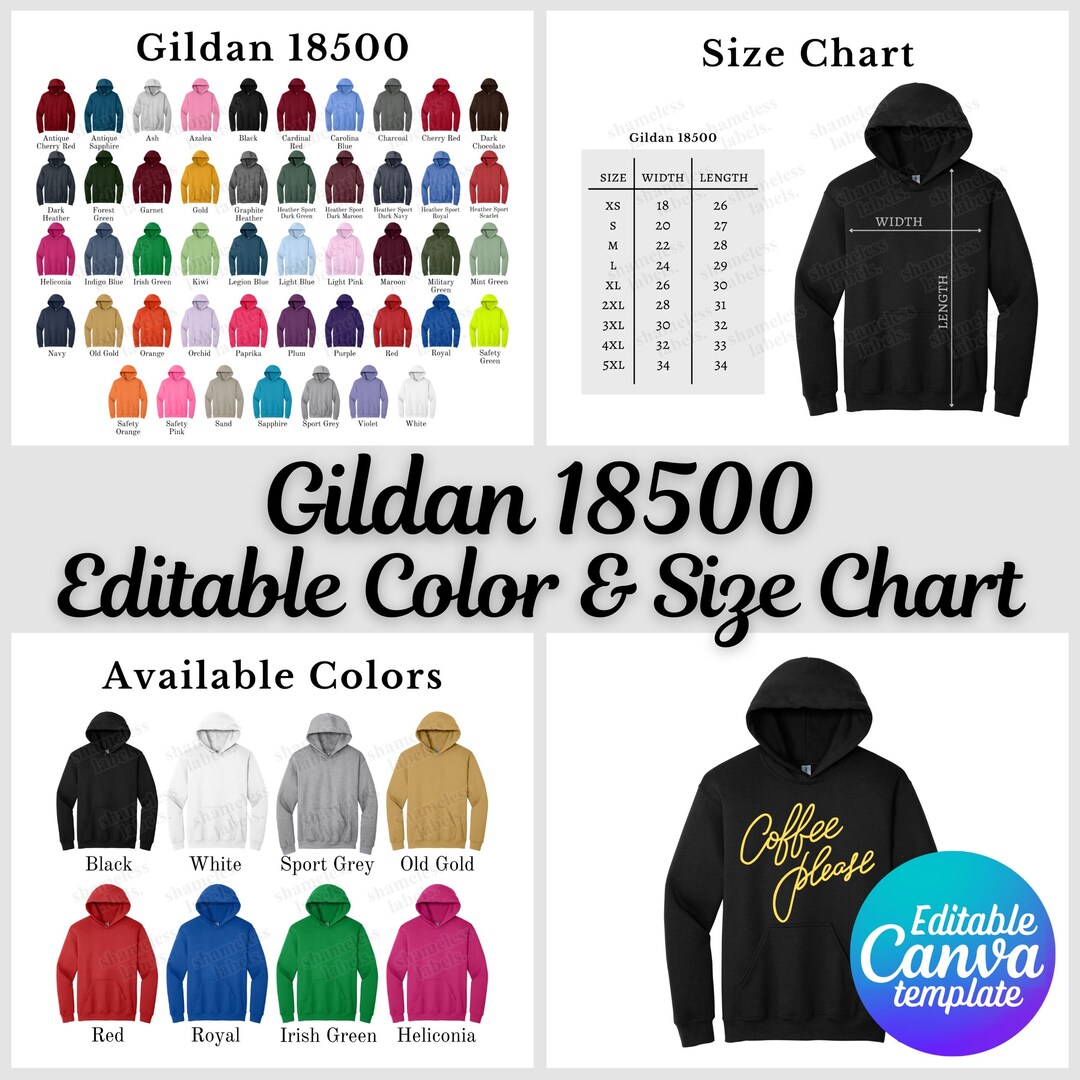 Gildan 18500 Color Chart & Size Chart, Editable Canva Template, G185 ...