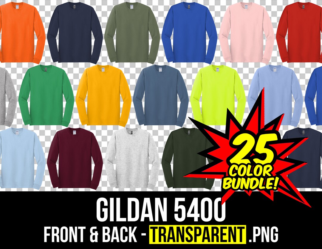 Gildan 5400 Front and Back Mockup Bundle, Long Sleeve T Shirt Mockup, G540 Transparent, Front ...