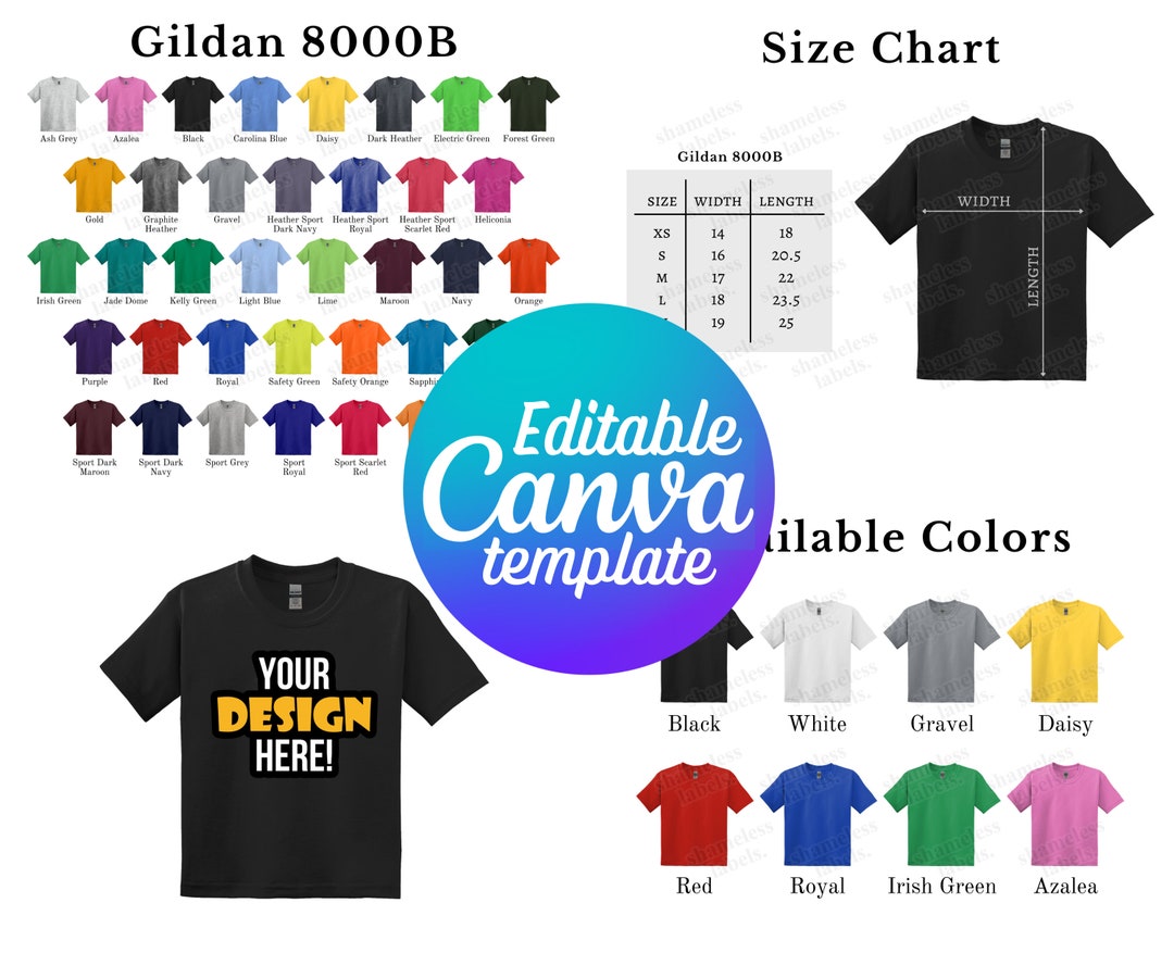 Editable Gildan 8000B Color Chart & Size Chart, Canva Template, G800B ...