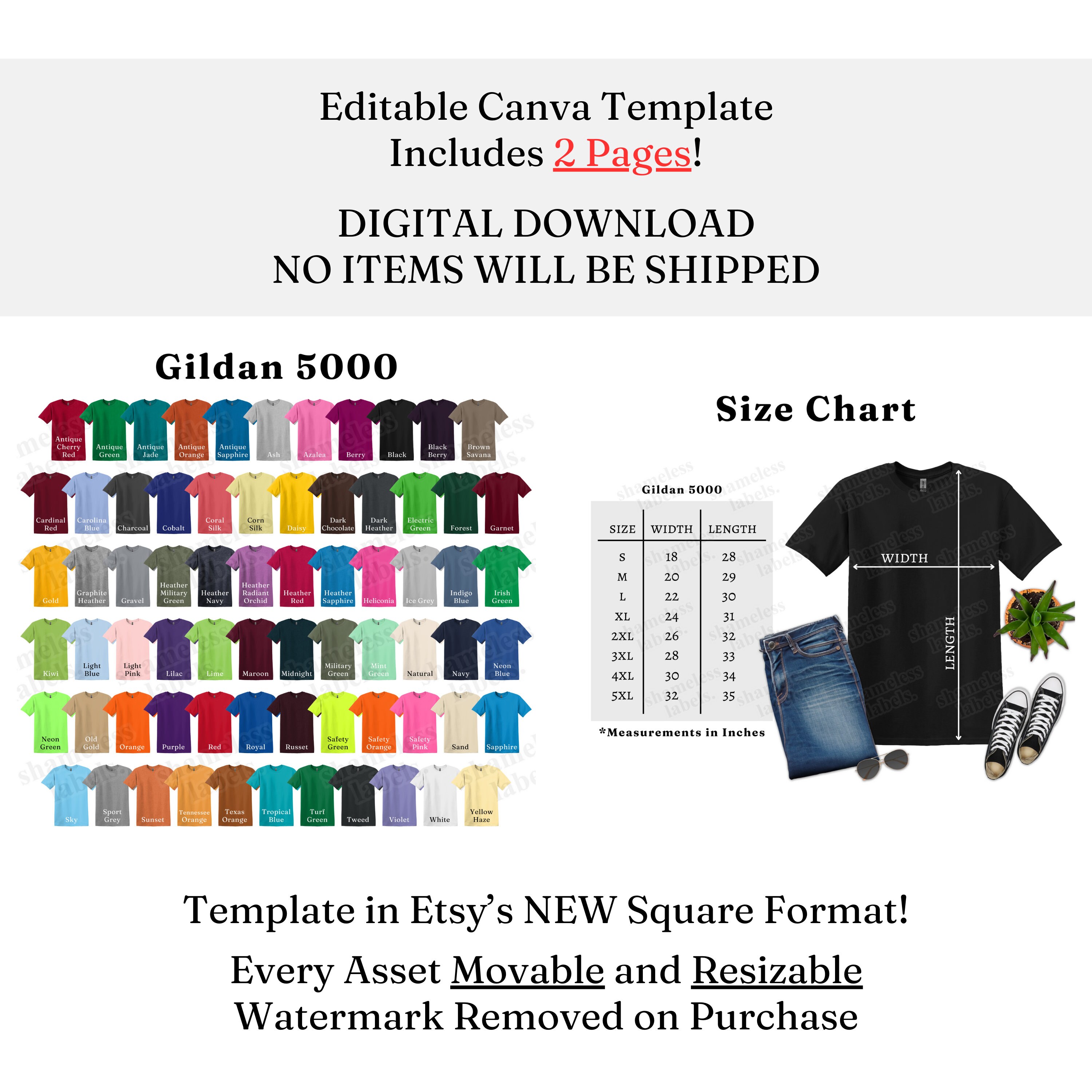 Gildan 5000 Color & Size Chart, EDITABLE Canva Template, G500 Color ...