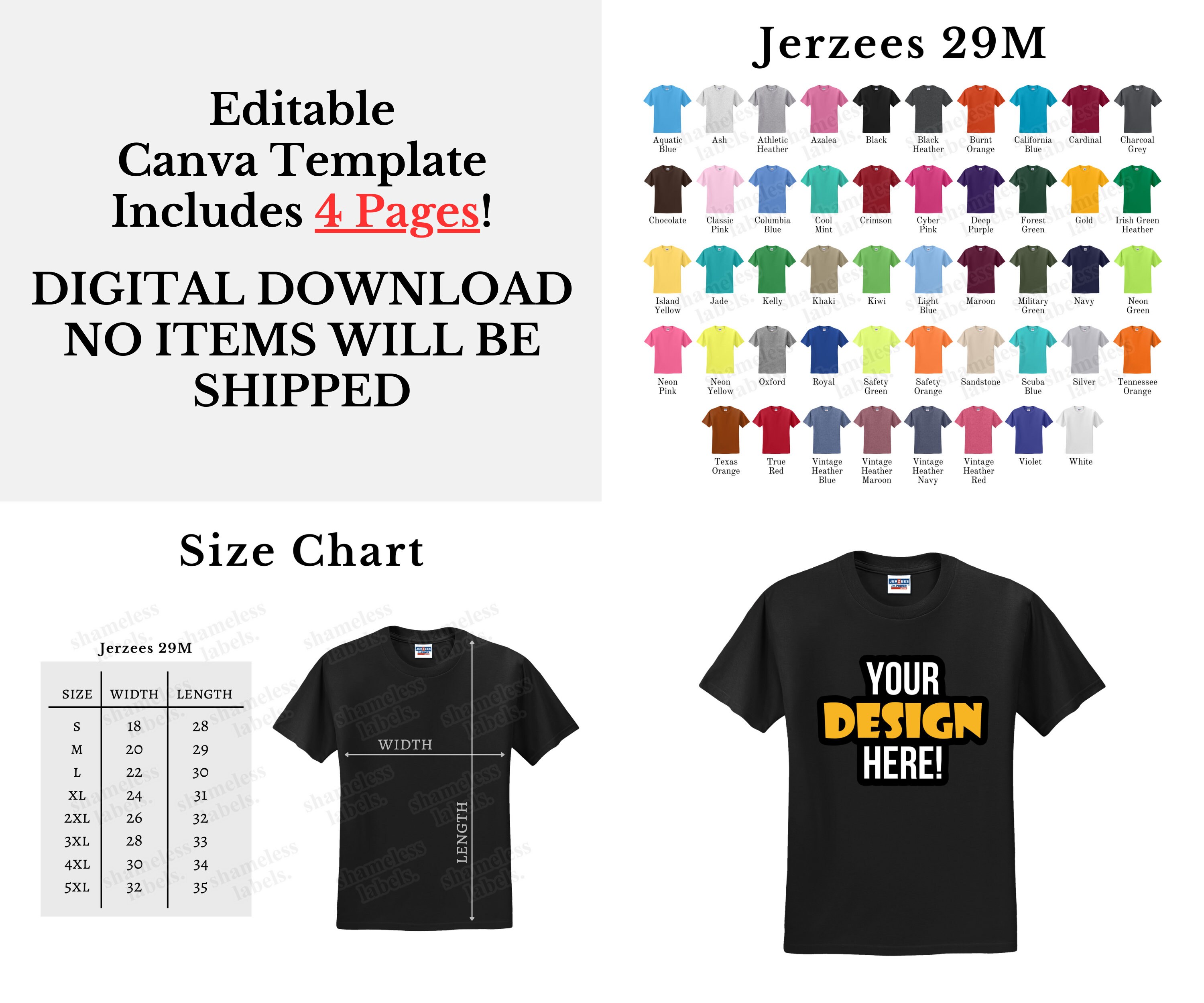 Editable Jerzees 29M Color Chart & Size Chart, Canva Template, 29M ...
