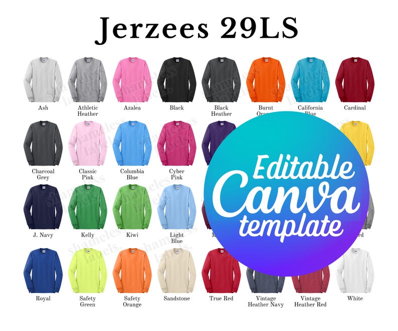 Editable Jerzees 29SL Color Chart & Size Chart, Canva Template, Jerzees ...