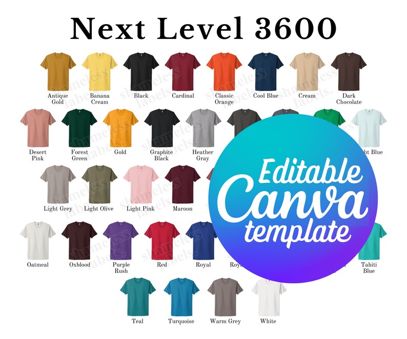 Editable Next Level 3600 Color Chart & Size Chart, Canva Template, 3600 ...