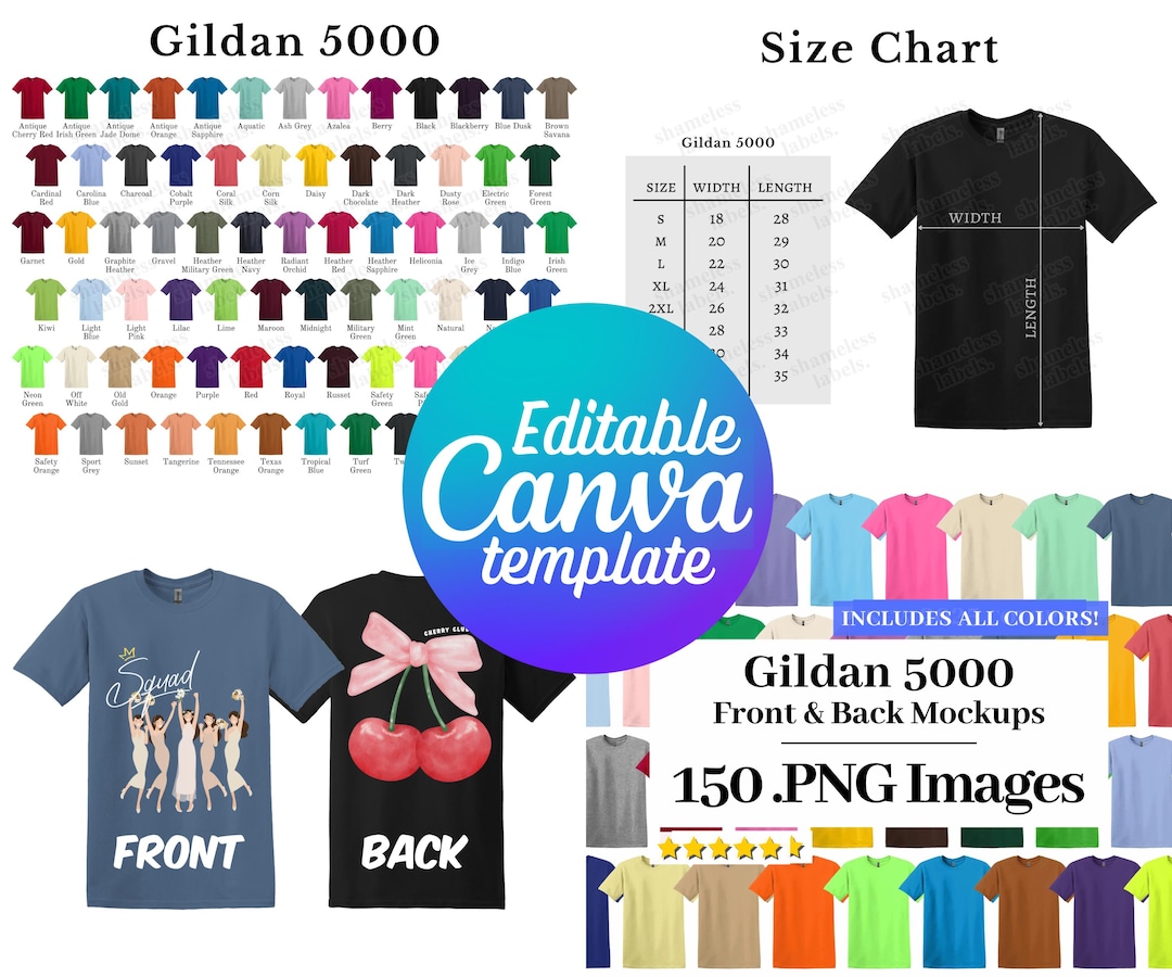 Gildan 5000 Color Chart & Size Chart, Editable Canva Template, 5000 ...