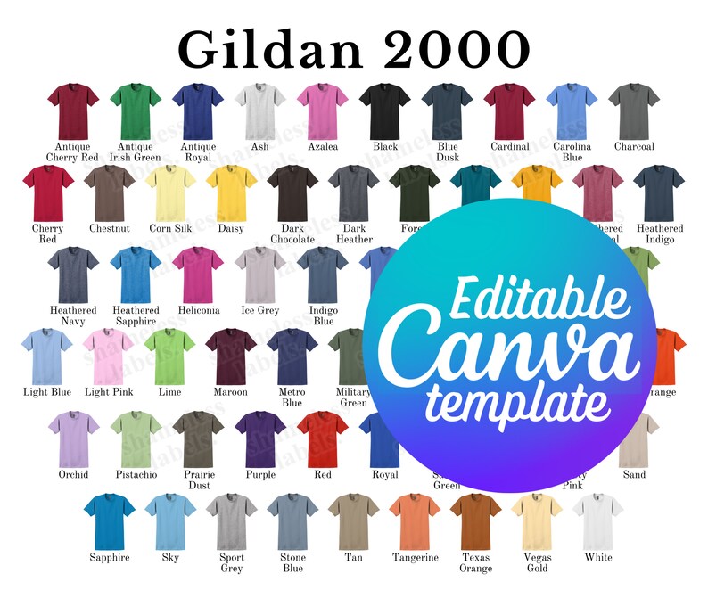 Editable Gildan 2000 Color Chart & Size Chart, Canva Template, G200 ...