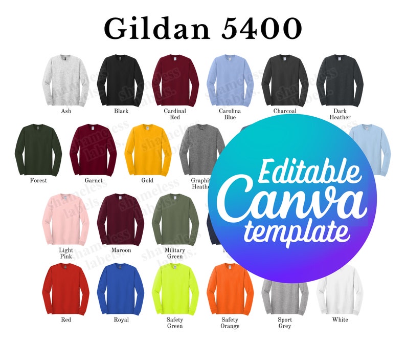 Editable Gildan 5400 Color Chart & Size Chart, Canva Template, G540 ...
