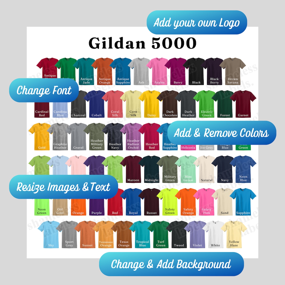 Gildan 5000 Color & Size Chart, EDITABLE Canva Template, G500 Color ...
