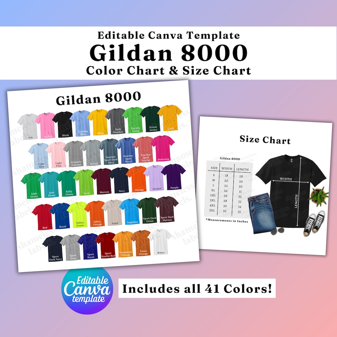 Gildan 8000 Color & Size Chart, EDITABLE Canva Template, G800 Color ...