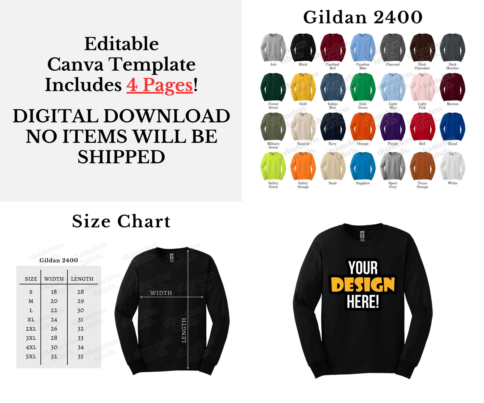 Editable Gildan 2400 Color Chart & Size Chart, Canva Template, G240 ...