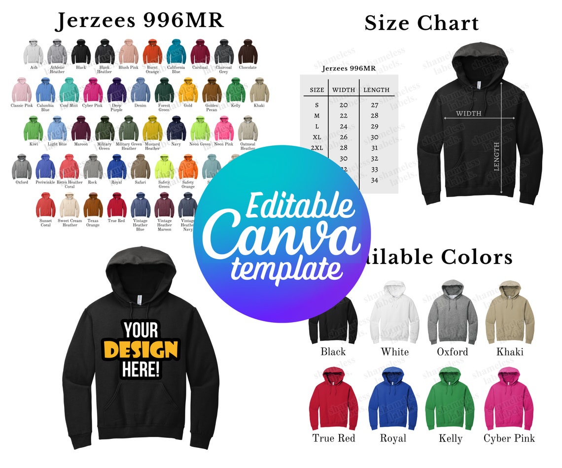 Editable Jerzees 996MR Color Chart & Size Chart, Canva Template, 996MR ...