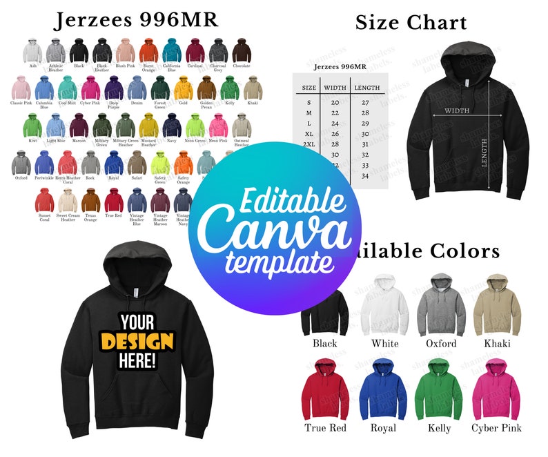 Editable Jerzees 996MR Color Chart & Size Chart, Canva Template, 996MR ...