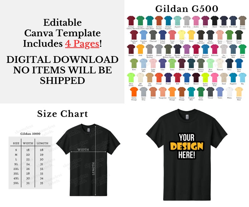 Editable Gildan G500 Color Chart & Size Chart, Canva Template, 5000 ...