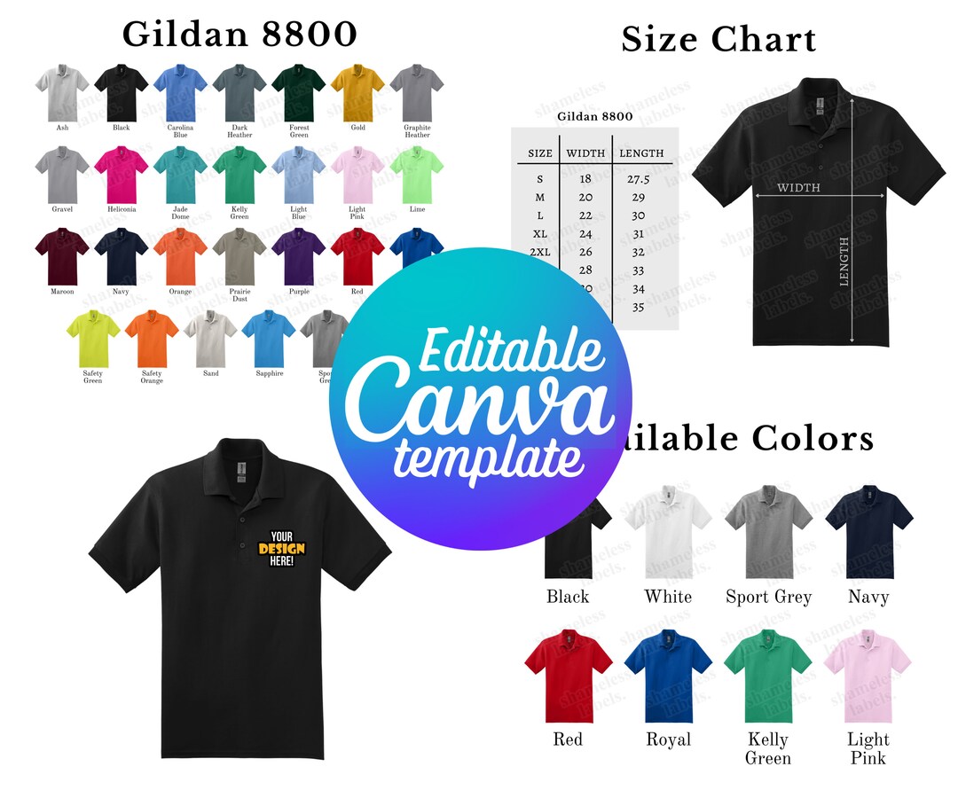 Editable Gildan 8800 Color Chart & Size Chart, Canva Template, G880 Color Chart Template, 8800 ...