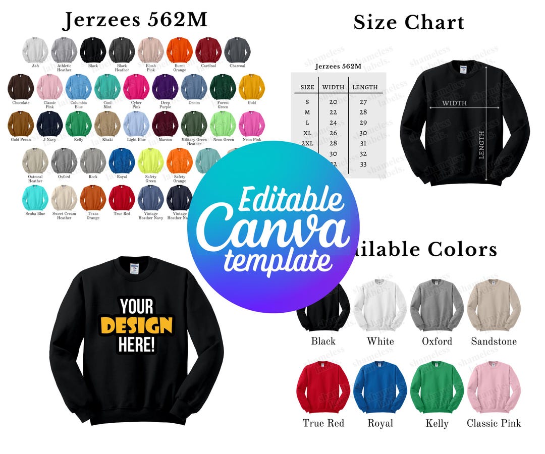 Editable Jerzees 562 Color Chart & Size Chart, Canva Template, Jerzees ...