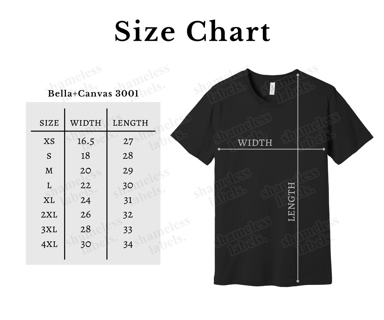 Editable Bella Canvas 3001 Color Chart & Size Chart, Includes CVC ...