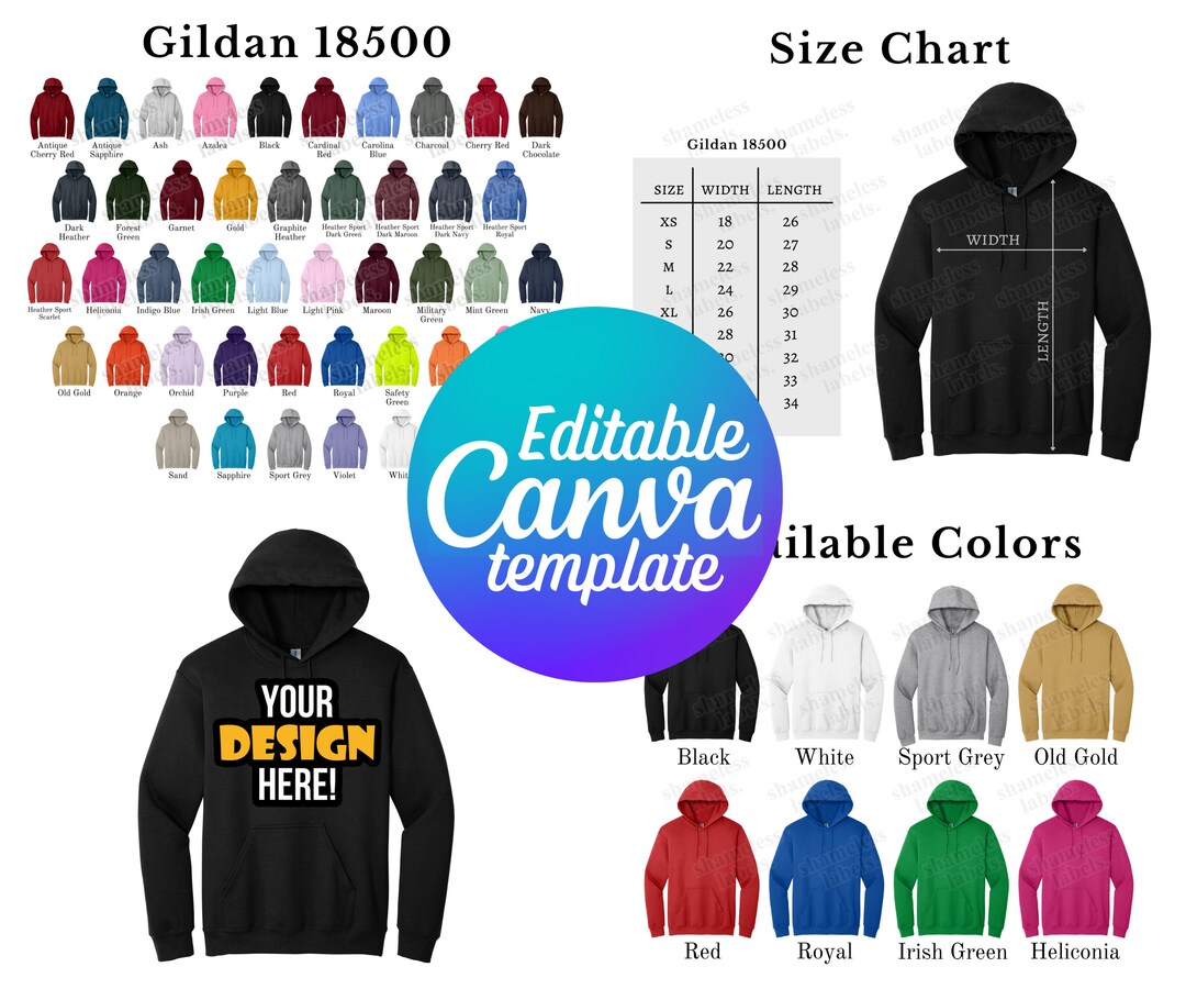Editable Gildan 18500 Color Chart & Size Chart, Canva Template, G185 ...