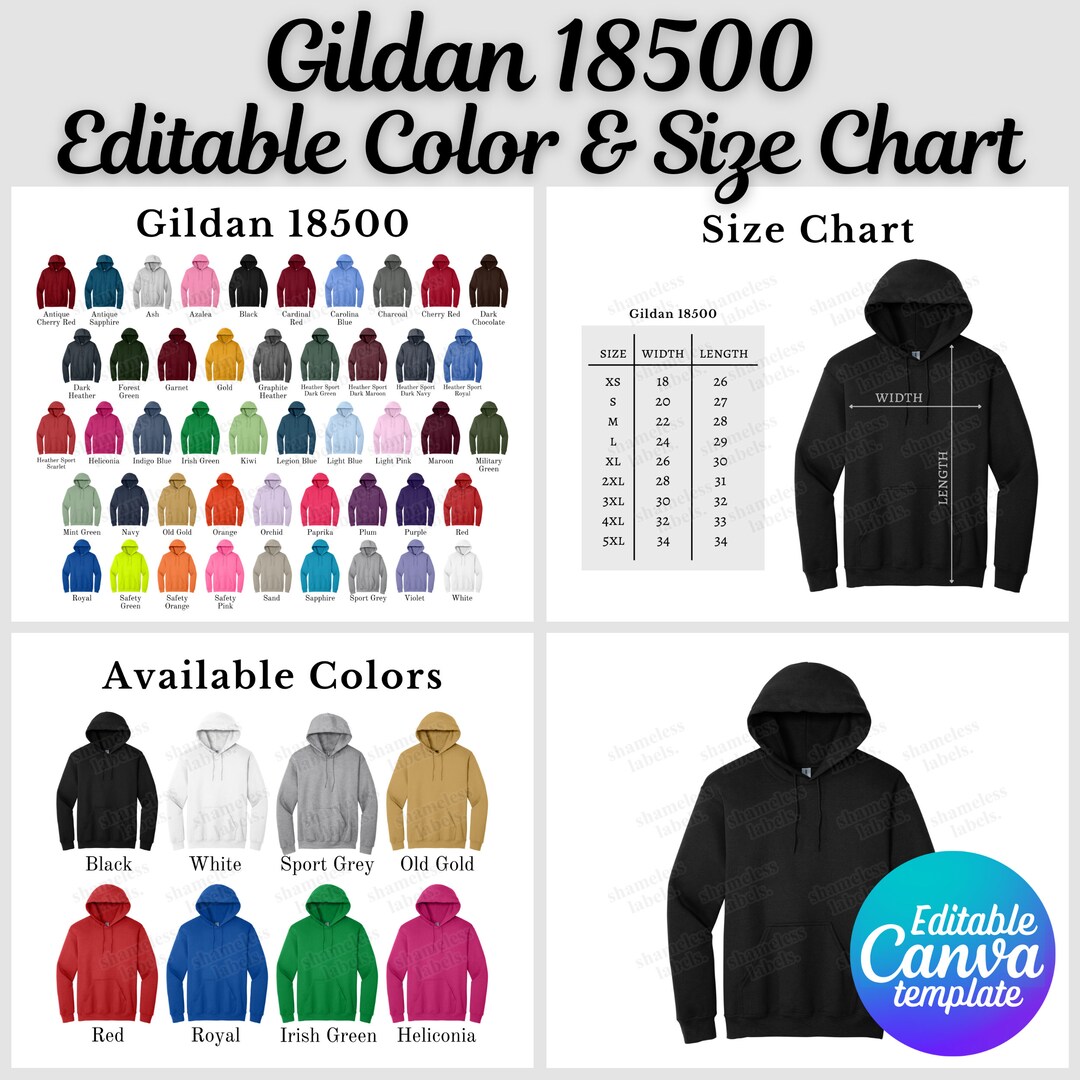 Gildan 18500 Color Chart & Size Chart, Editable Canva Template, G185 ...