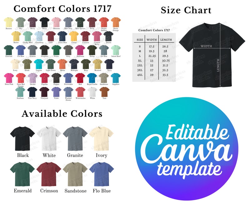 Editable Comfort Colors 1717 Color Chart & Size Chart Canva - Etsy