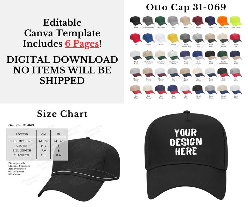 Editable Otto Cap 31-069 Color Chart & Size Chart, Hat Canva Template ...