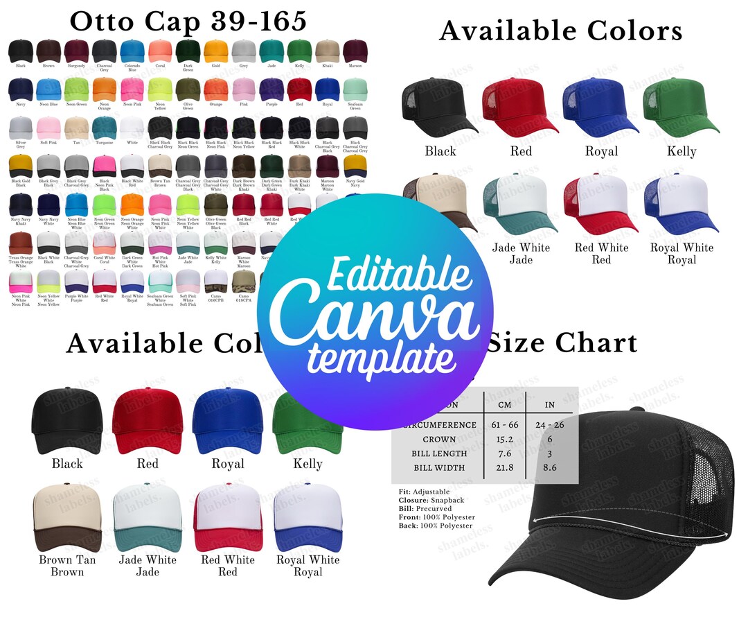 Editable Otto Cap 39-165 Color Chart & Size Chart, Hat Canva Template ...