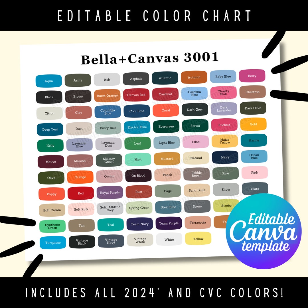 Editable Bella Canvas 3001 Color Chart, All 169 Colors With CVC Heather ...