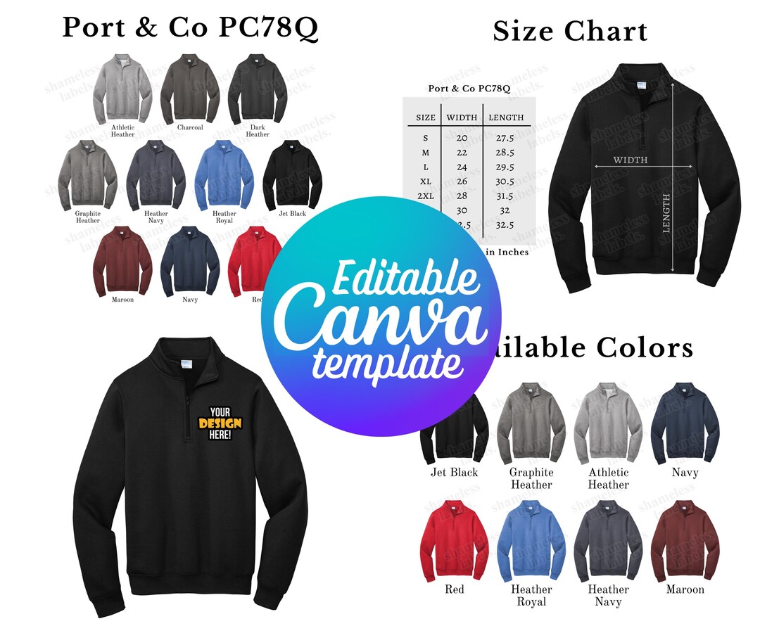 Editable Port & Co PC78Q Color Chart and Size Chart, Canva Template ...