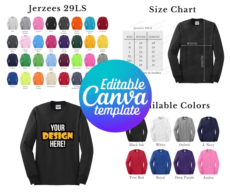 Editable Jerzees 29SL Color Chart & Size Chart, Canva Template, Jerzees ...