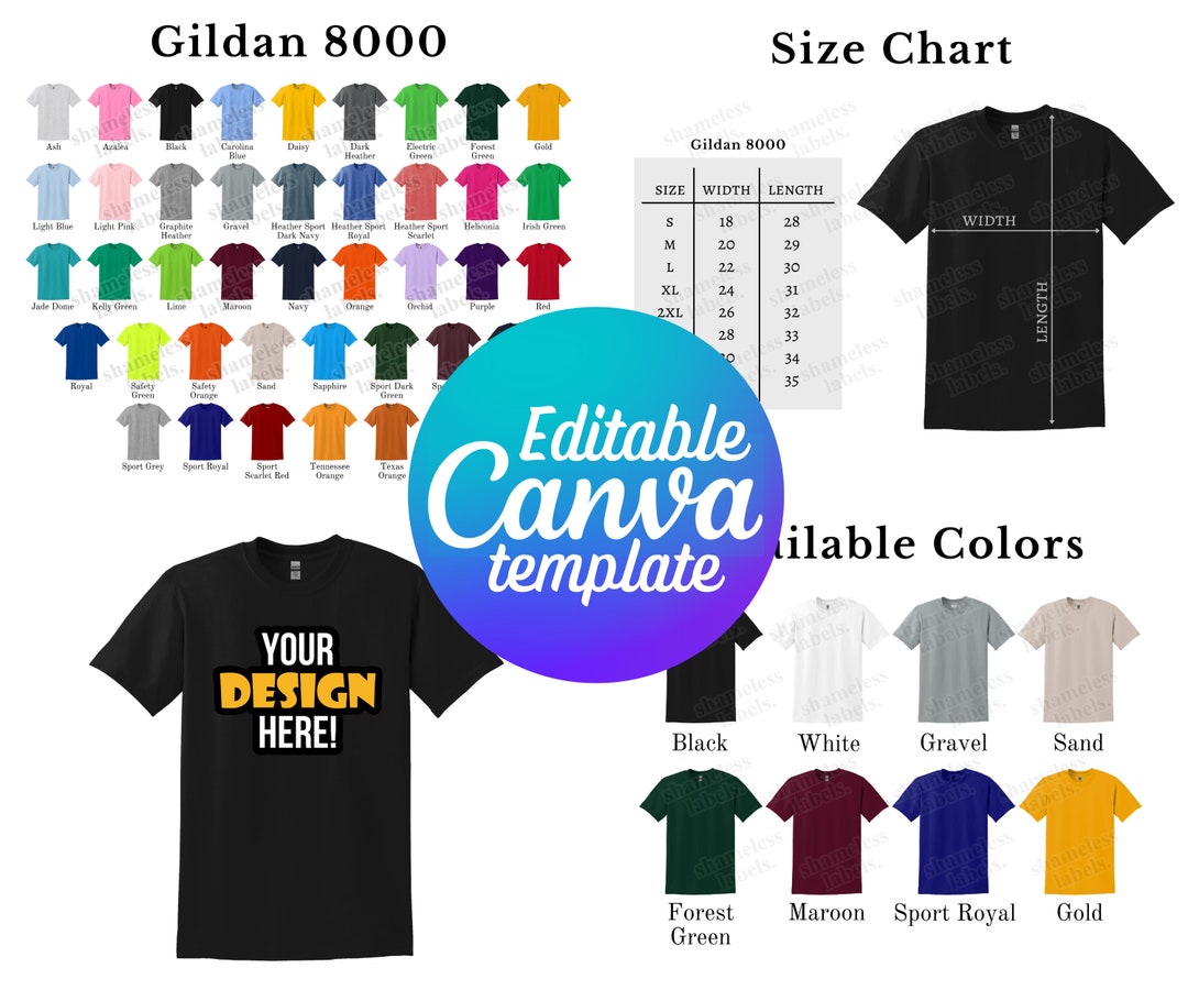 Editable Gildan 8000 Color Chart & Size Chart, Canva Template, G800 ...
