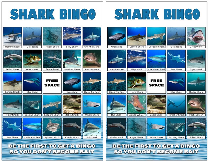 Shark BINGO Cards Kids Birthday Party Game 10 Playing Cards - Etsy