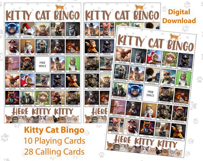 Cat Bingo, 30 Printable Cat Bingo Cards, Cat Birthday Party Game, Cat ...